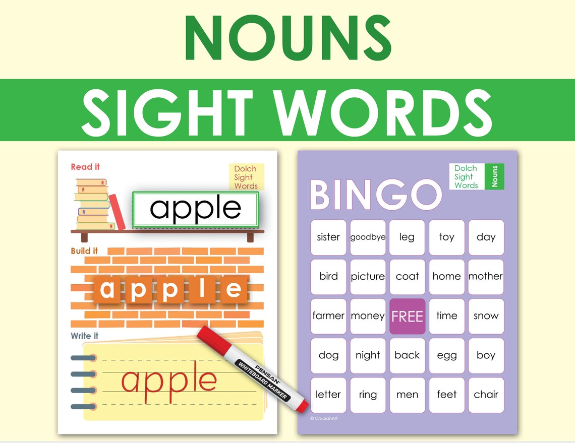 Nouns DOLCH Sight Words Printable. Printable Sight Word Bingo, Flash ...