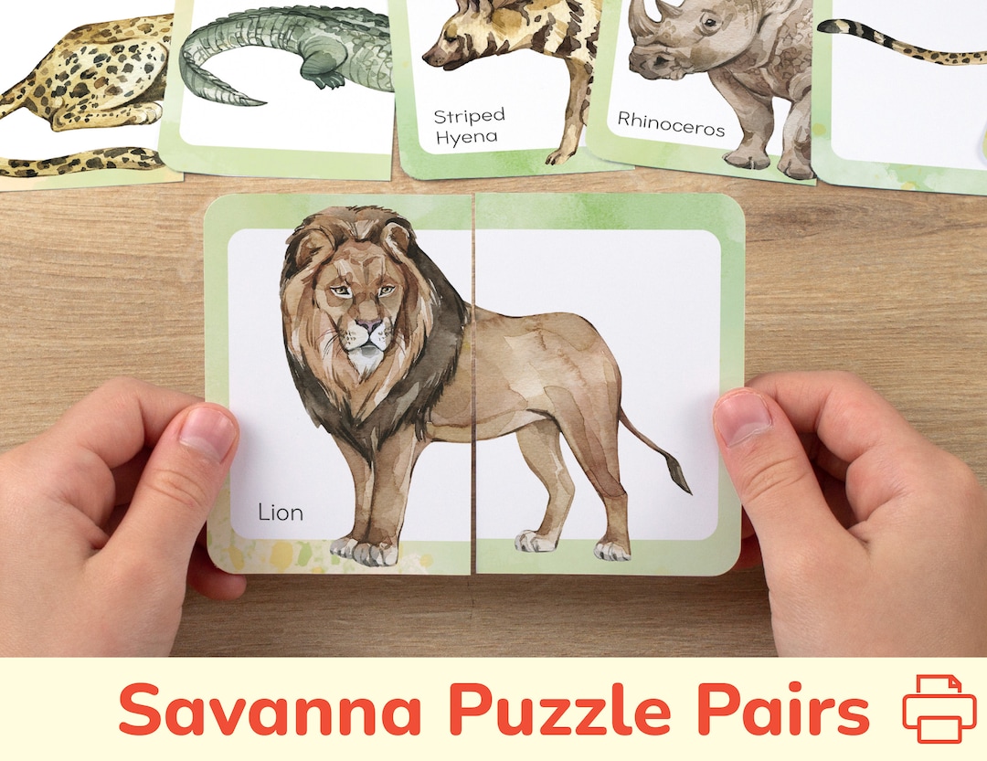 Savanna Grassland Animals Puzzle Pairs: Printable Match Cards for ...