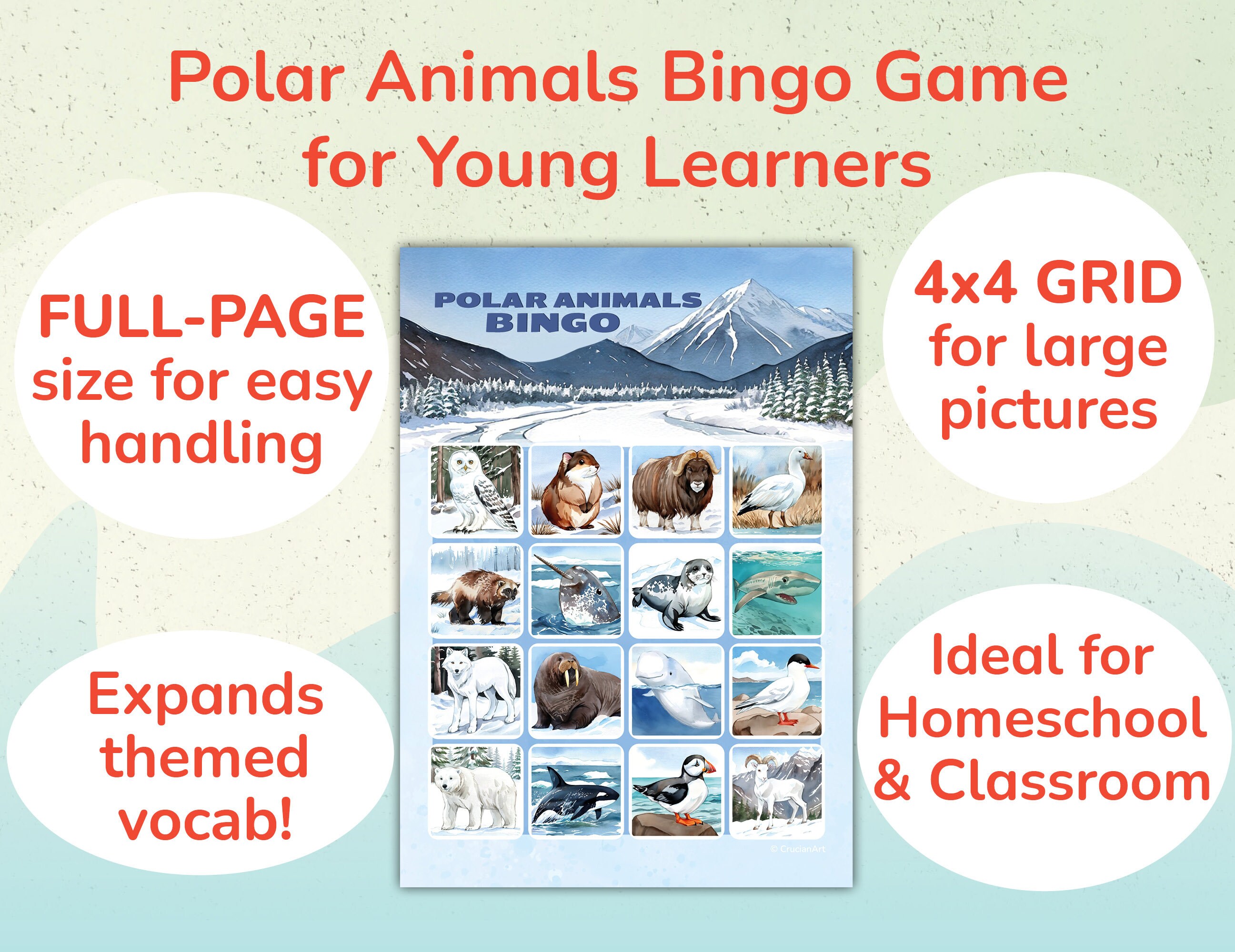 Polar Animals Bingo Game: Printable Preschool, Kindergarten, Toddler ...