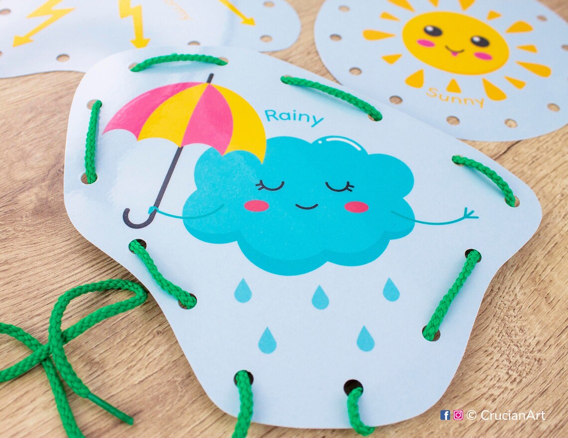 WEATHER Lacing Cards. Printable Fine Motor Skill Tying Toy for | Etsy