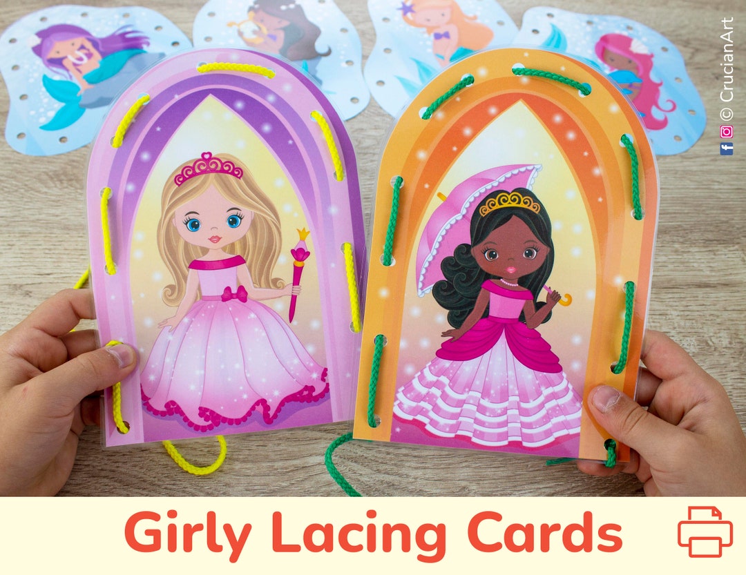 Mermaids & Princesses Lacing Cards for Girls. Printable Fine Motor ...