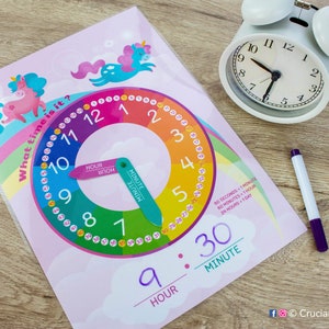 Unicorn Printable Clock for Girl. Telling Time Girly Educational ...