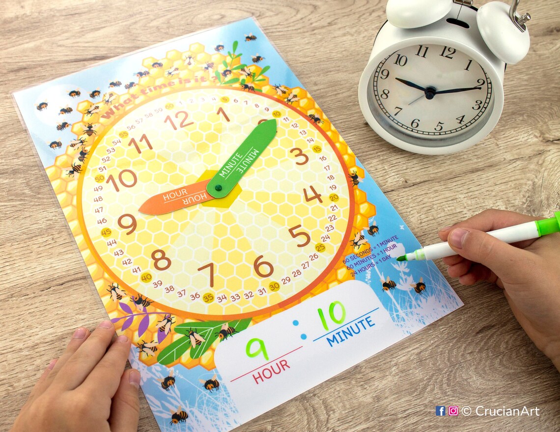 Honey Bee Printable Educational Clock. Learn to Tell Time Worksheet for ...