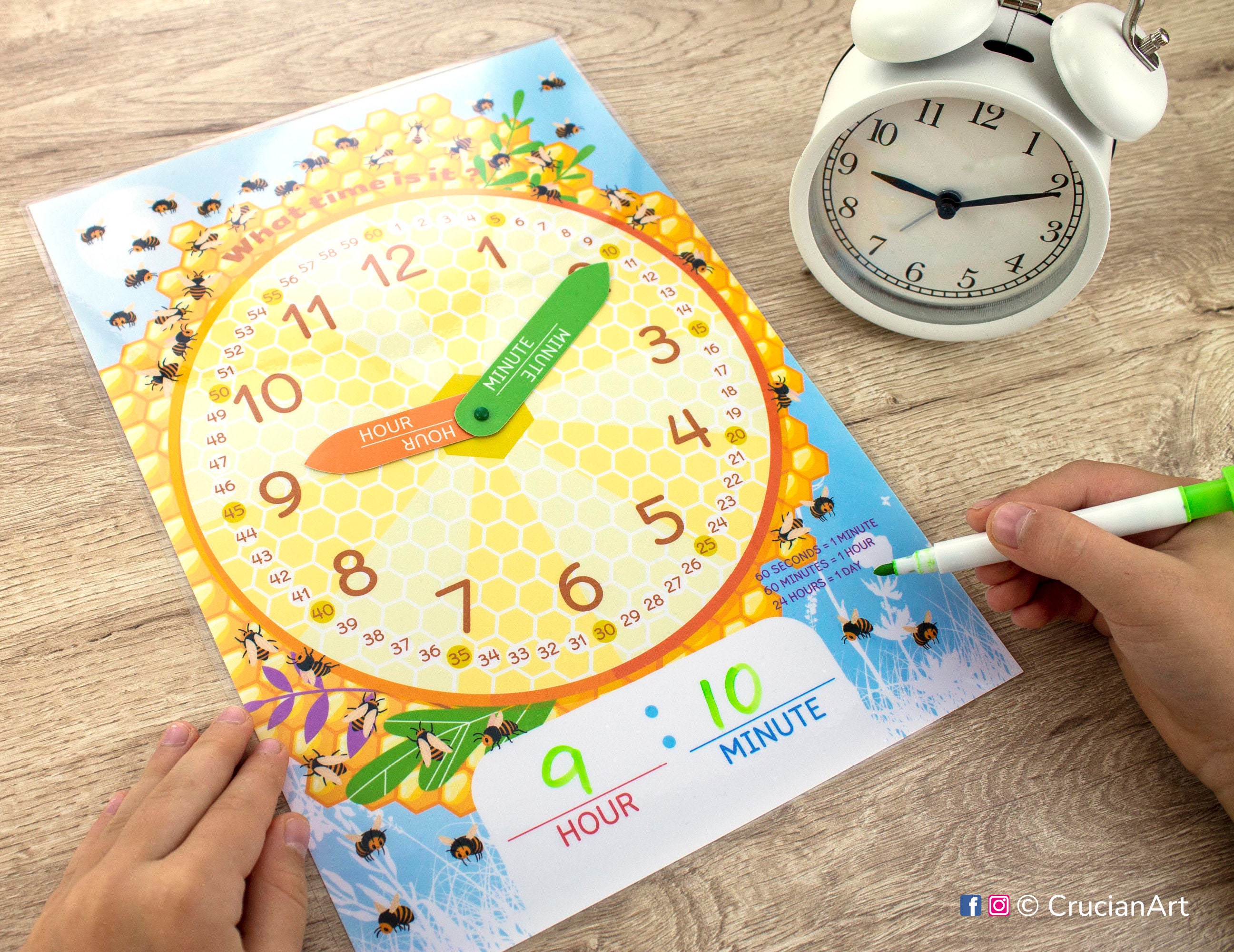 Honey Bee Printable Educational Clock. Learn to Tell Time Worksheet for ...