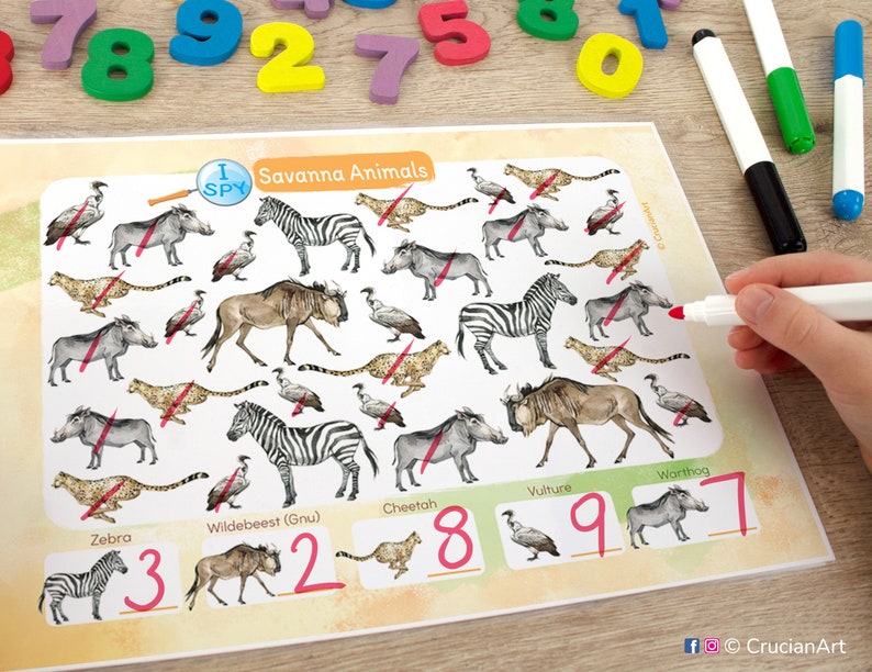 African Savanna Animals I Spy Counting Worksheets. Safari Grassland ...