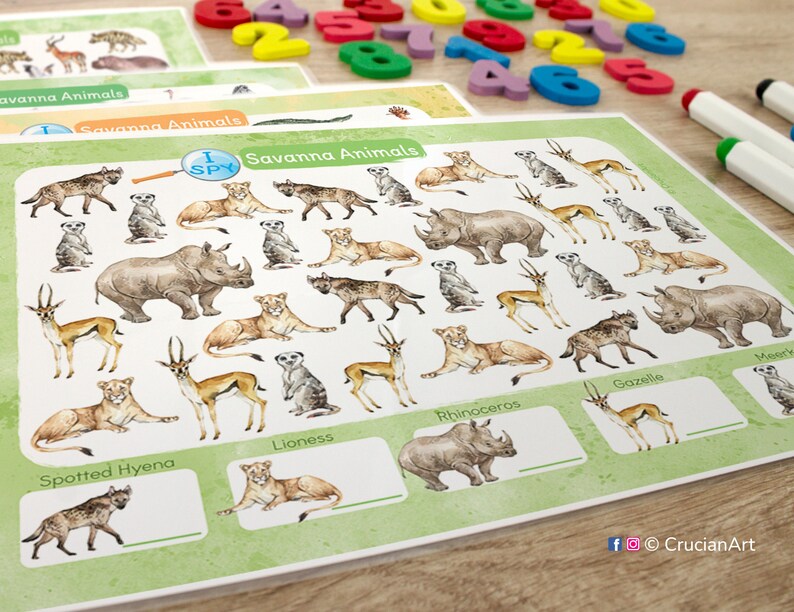 African Savanna Animals I Spy Counting Worksheets. Safari Grassland ...