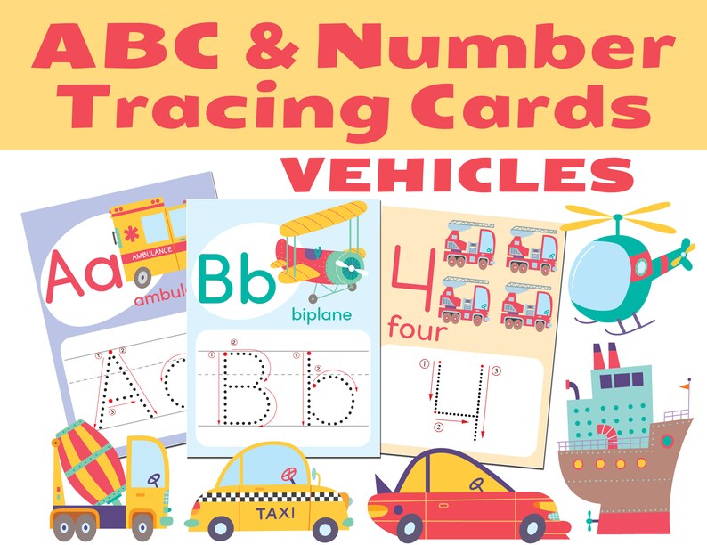 Vehicles Alphabet & Number 1-20 Printable Flash Card. Cars and Trucks ...