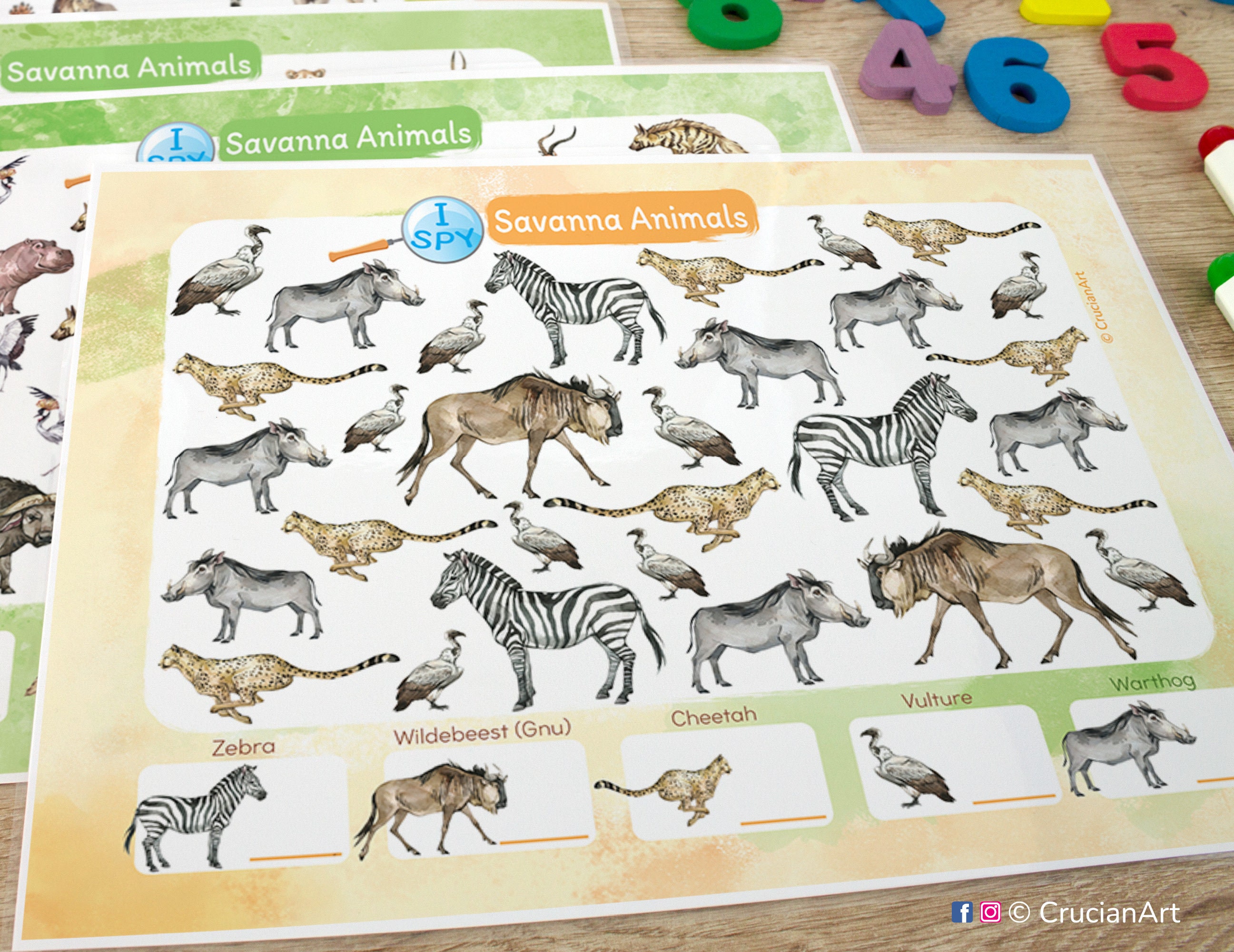 African Savanna Animals I Spy Counting Worksheets. Safari Grassland ...