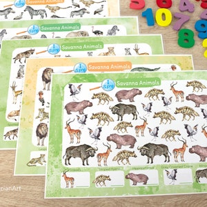 African Savanna Animals I Spy Counting Worksheets. Safari Grassland ...