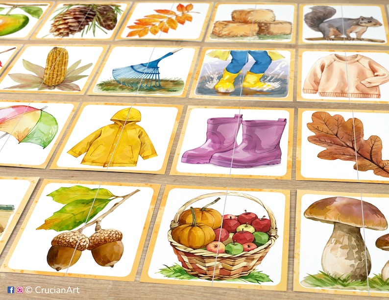 Fall Season Puzzle Pairs: Printable Match Cards for Toddlers. Preschool ...