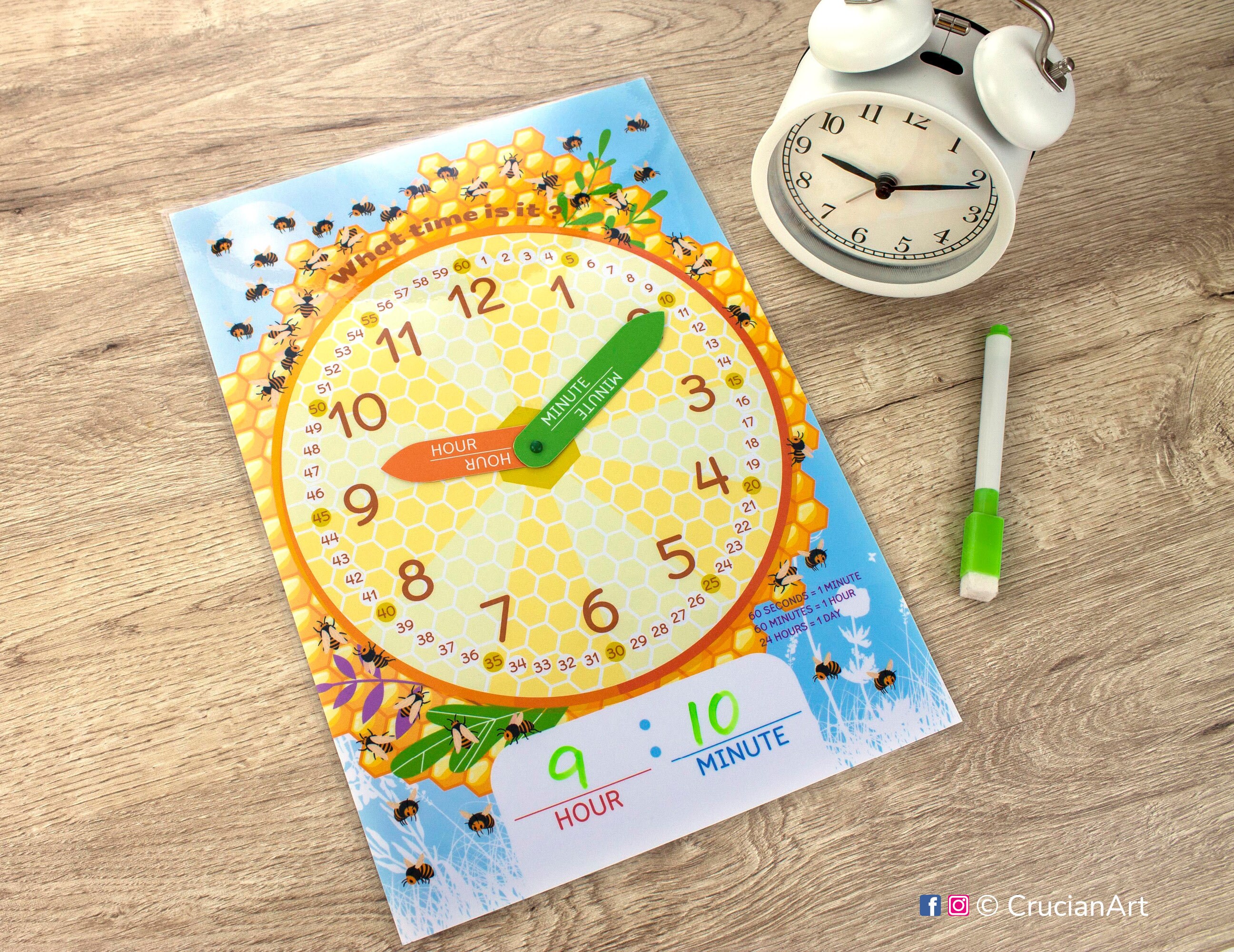 Honey Bee Printable Educational Clock. Learn to Tell Time Worksheet for ...