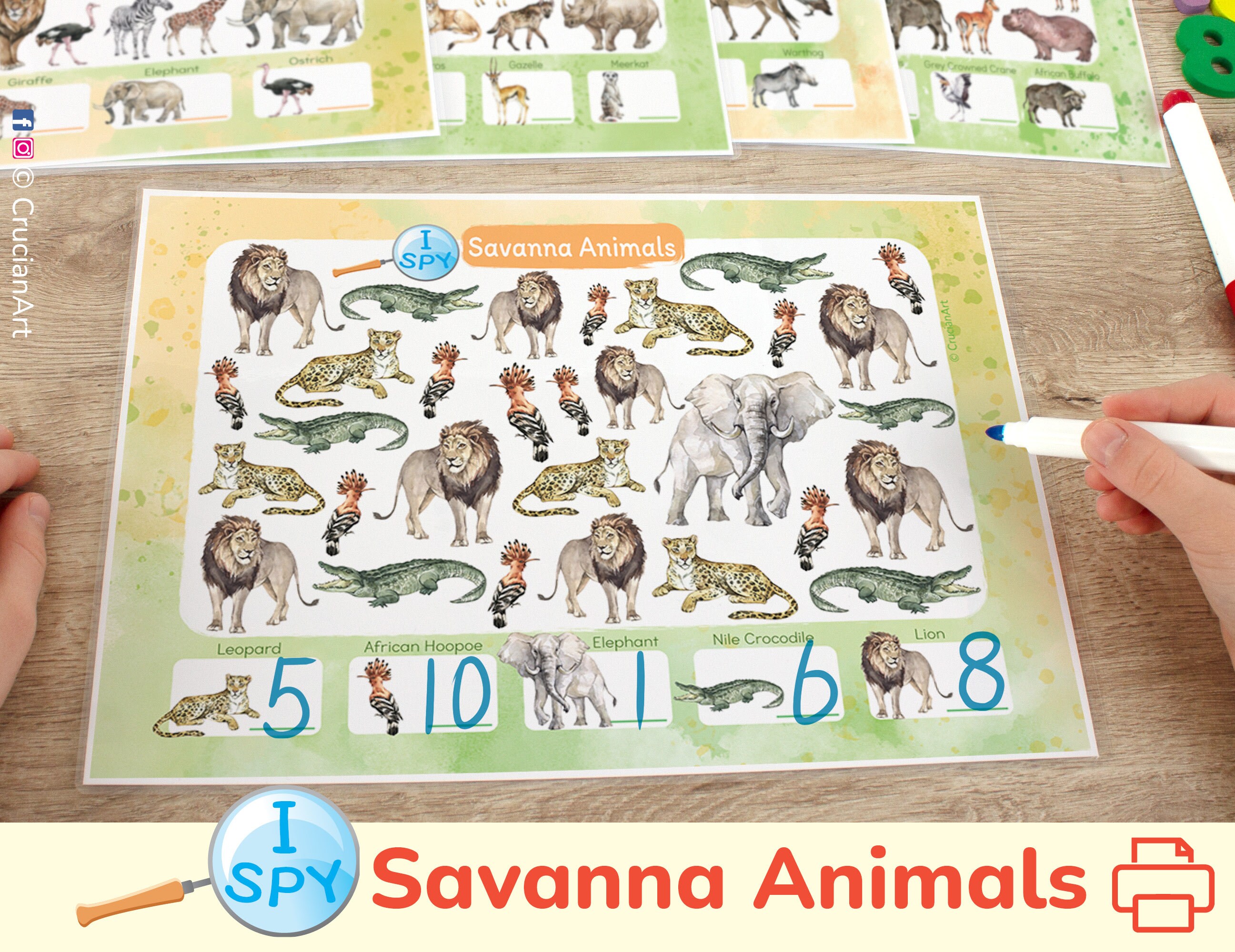 African Savanna Animals I Spy Counting Worksheets. Safari Grassland ...
