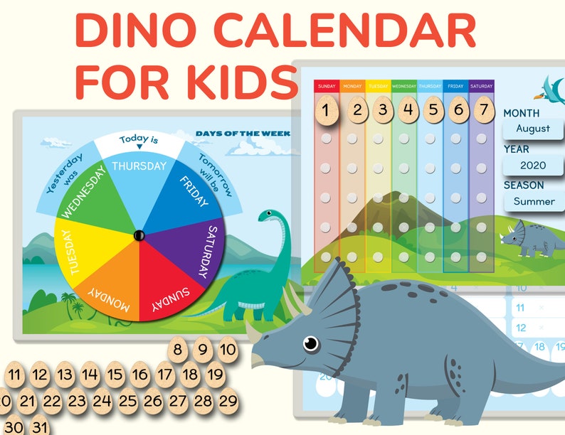 Calendario imprimible con temática de dinosaurios. Calendario diario ...