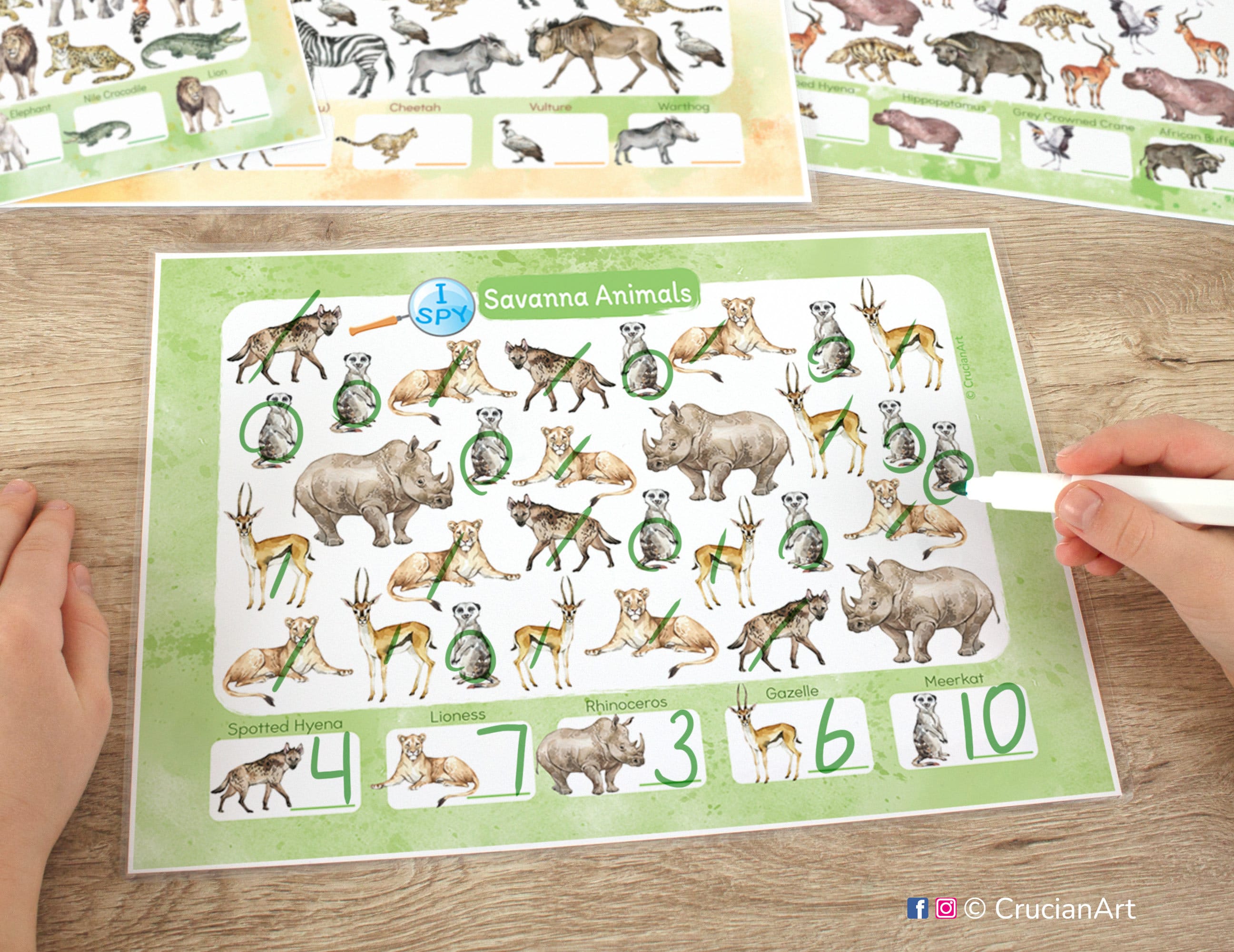 African Savanna Animals I Spy Counting Worksheets. Safari Grassland ...