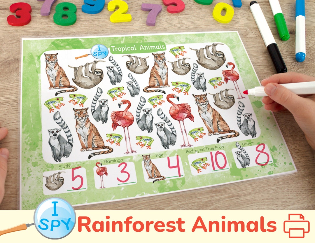I Spy Tropical Rainforest Jungle Animals Counting Activity. Preschool ...