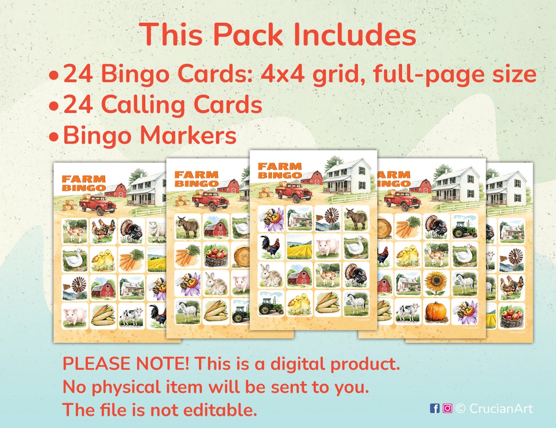 Farm Themed Bingo Game: Printable Preschool, Kindergarten, Toddler ...