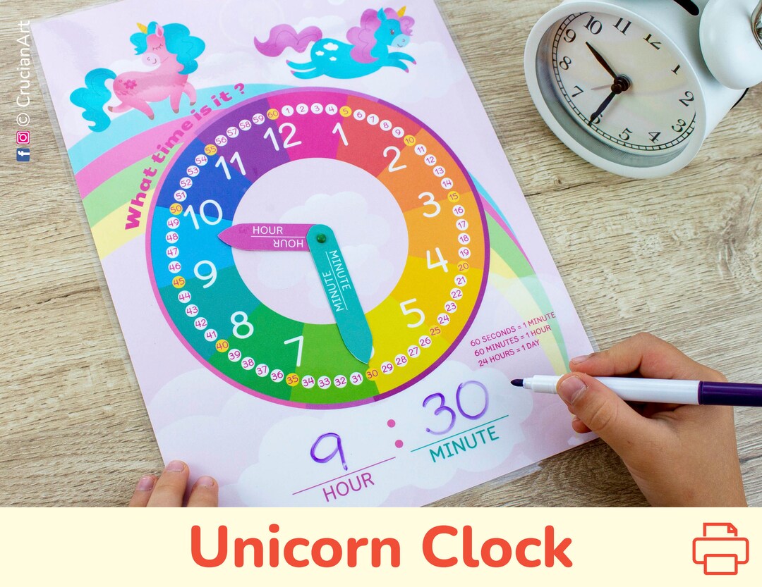 Unicorn Printable Clock for Girl. Telling Time Girly Educational ...