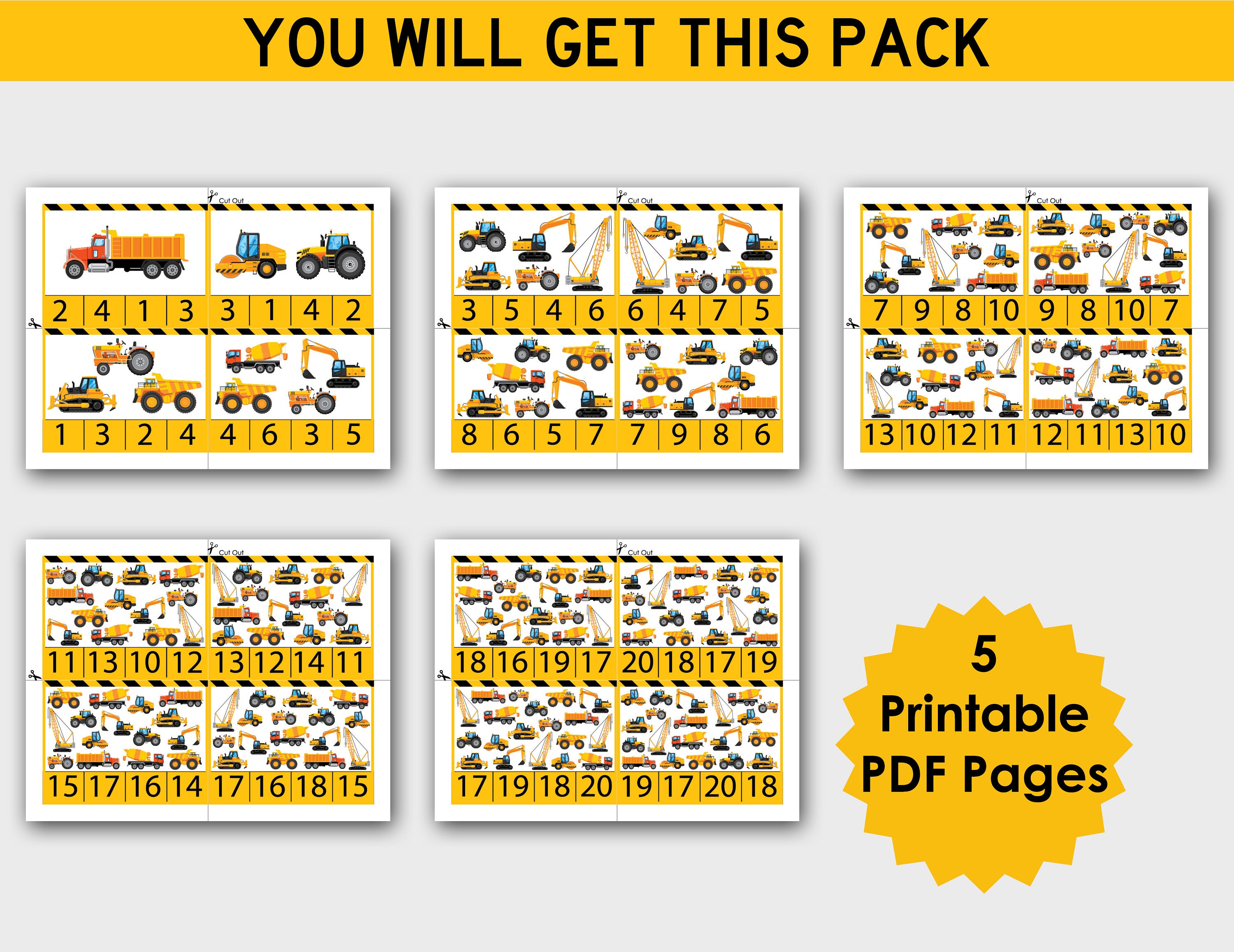 Count Clip Cards Numbers. Printable Construction Trucks. - Etsy Australia