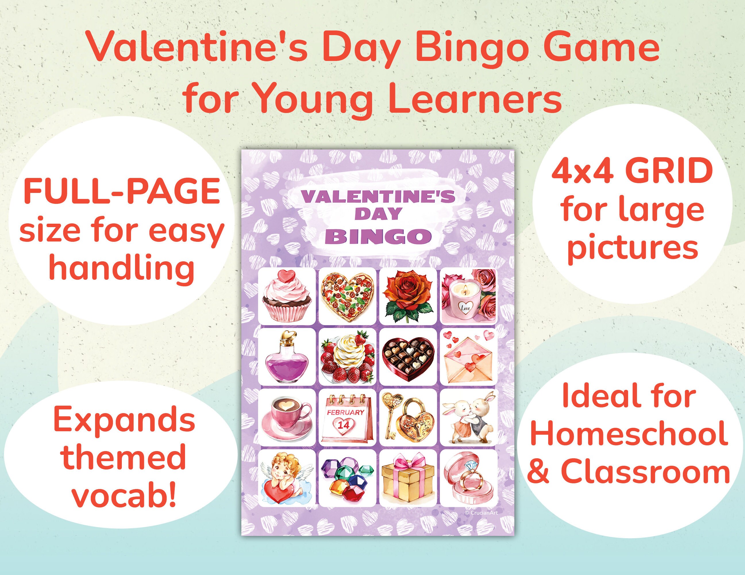 Valentine's Day Bingo Game: Printable Preschool, Kindergarten, Toddler ...