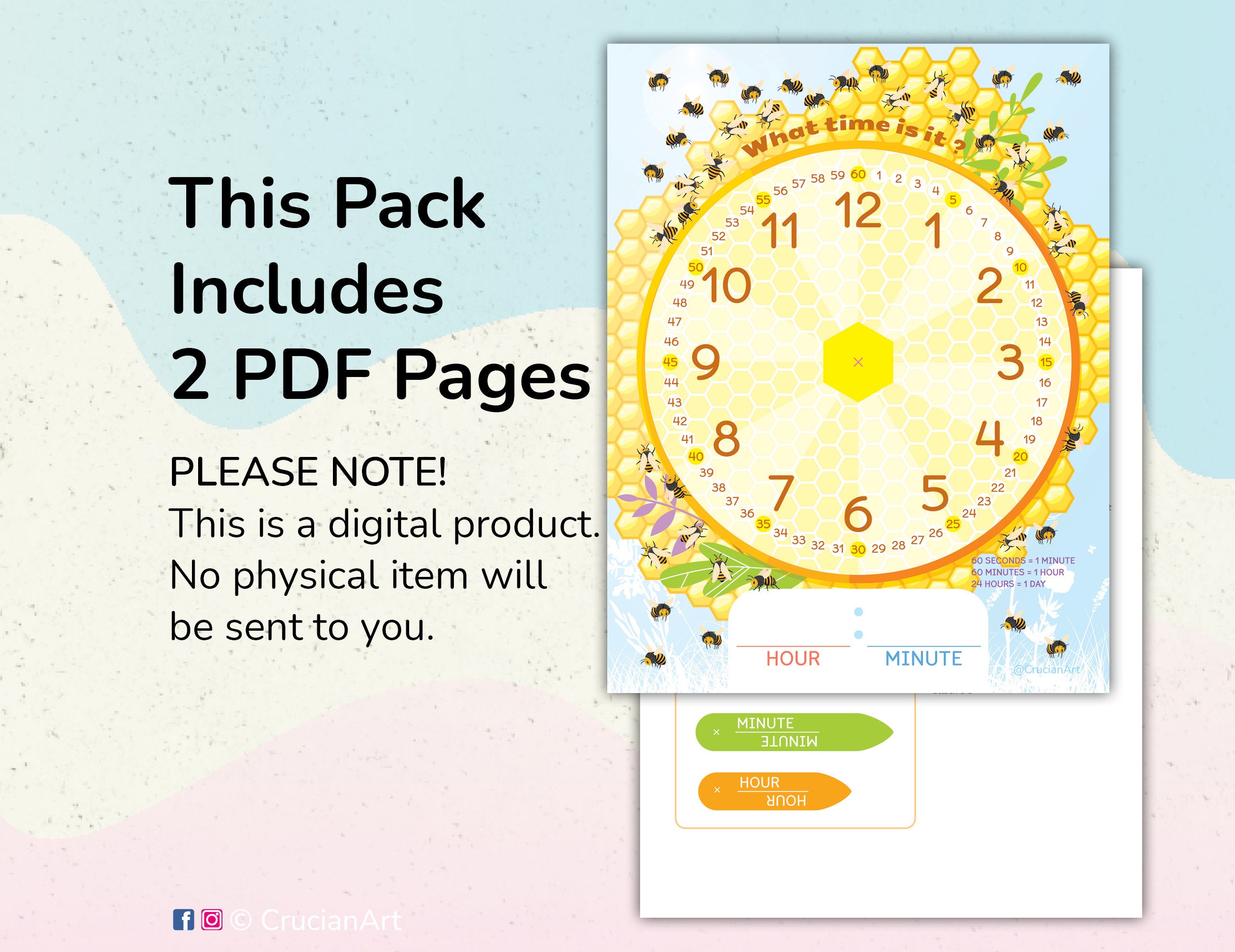 Honey Bee Printable Educational Clock. Learn to Tell Time Worksheet for ...