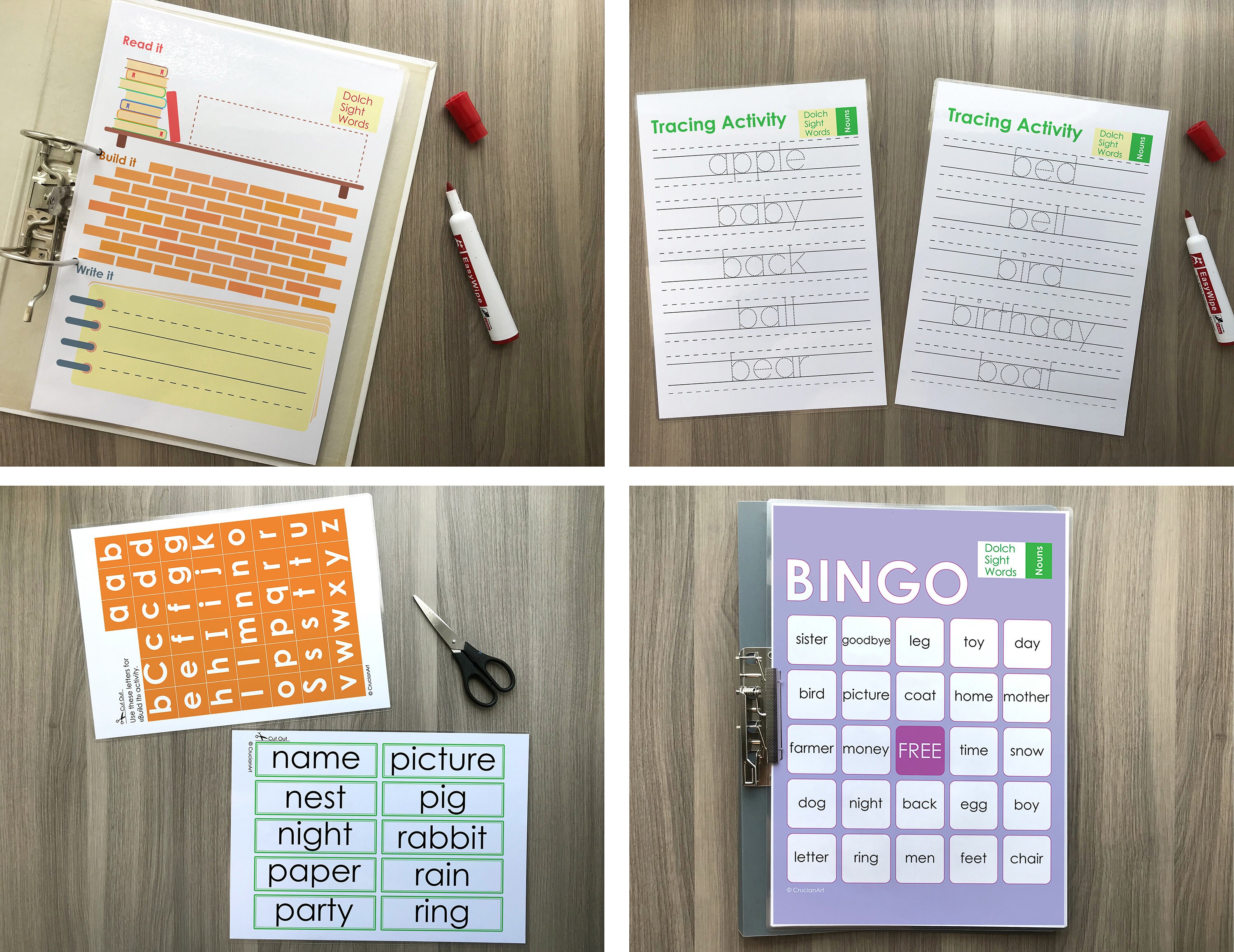 Nouns Dolch Sight Words Printable. Literacy Flash Cards | Etsy