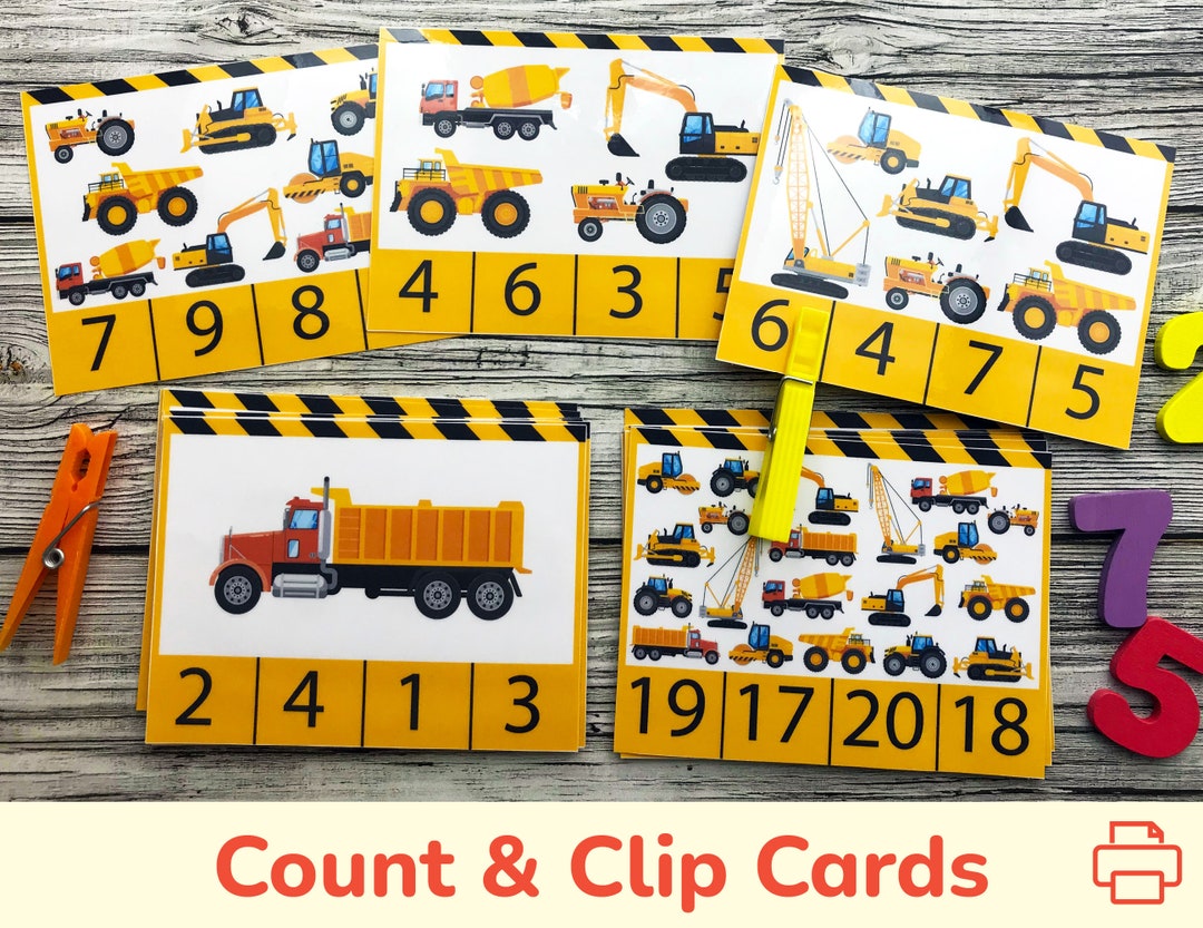 Count Clip Cards Numbers. Printable Construction Trucks. Homeschool ...