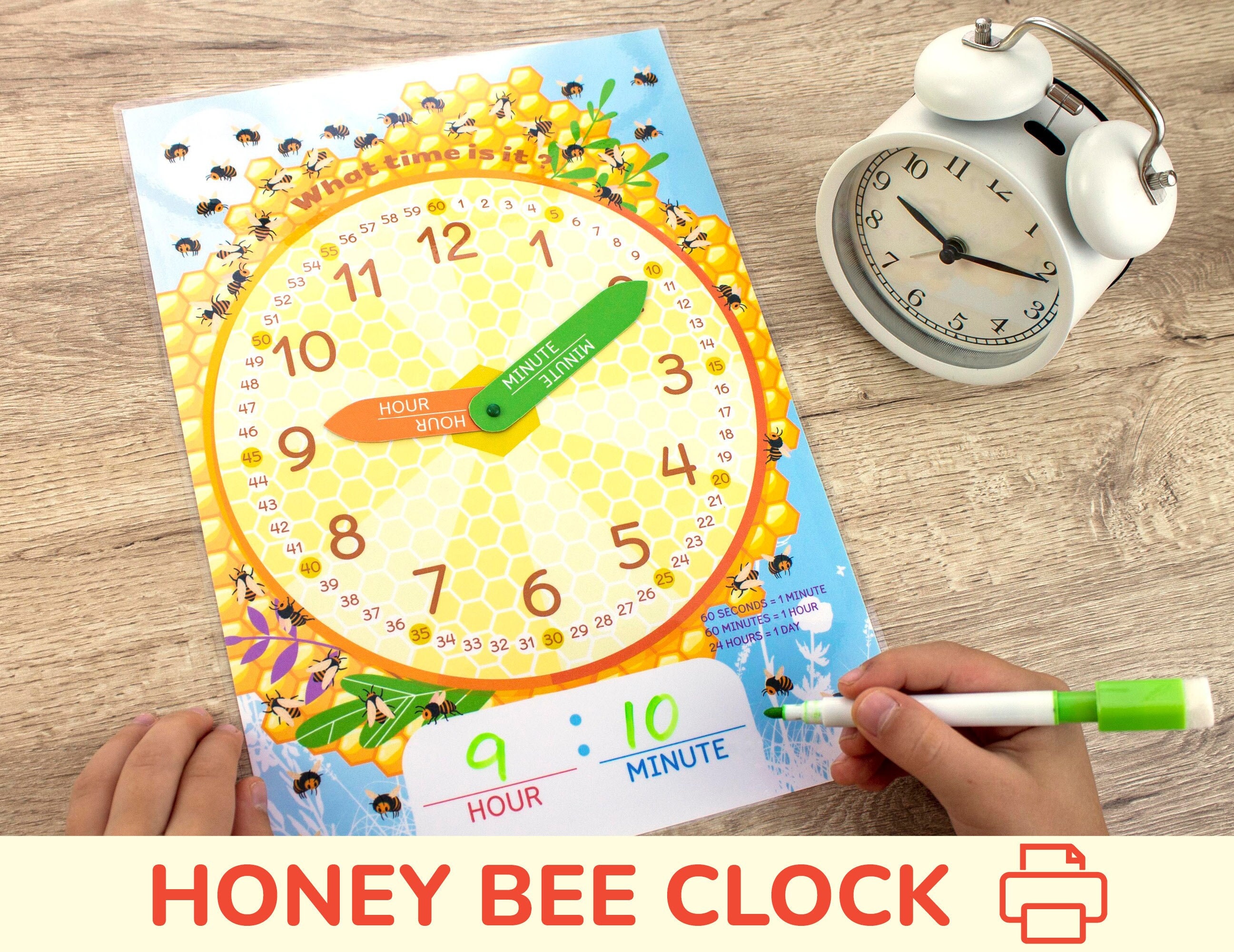 Honey Bee Printable Educational Clock. Learn to Tell Time - Etsy