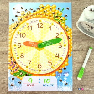 Honey Bee Printable Educational Clock. Learn to Tell Time Worksheet for ...