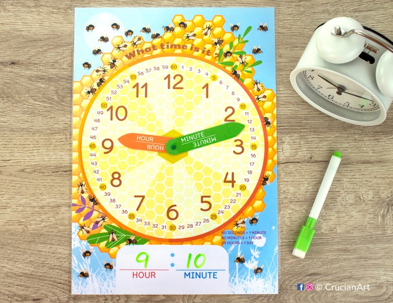 Honey Bee Printable Educational Clock. Learn to Tell Time Worksheet for ...