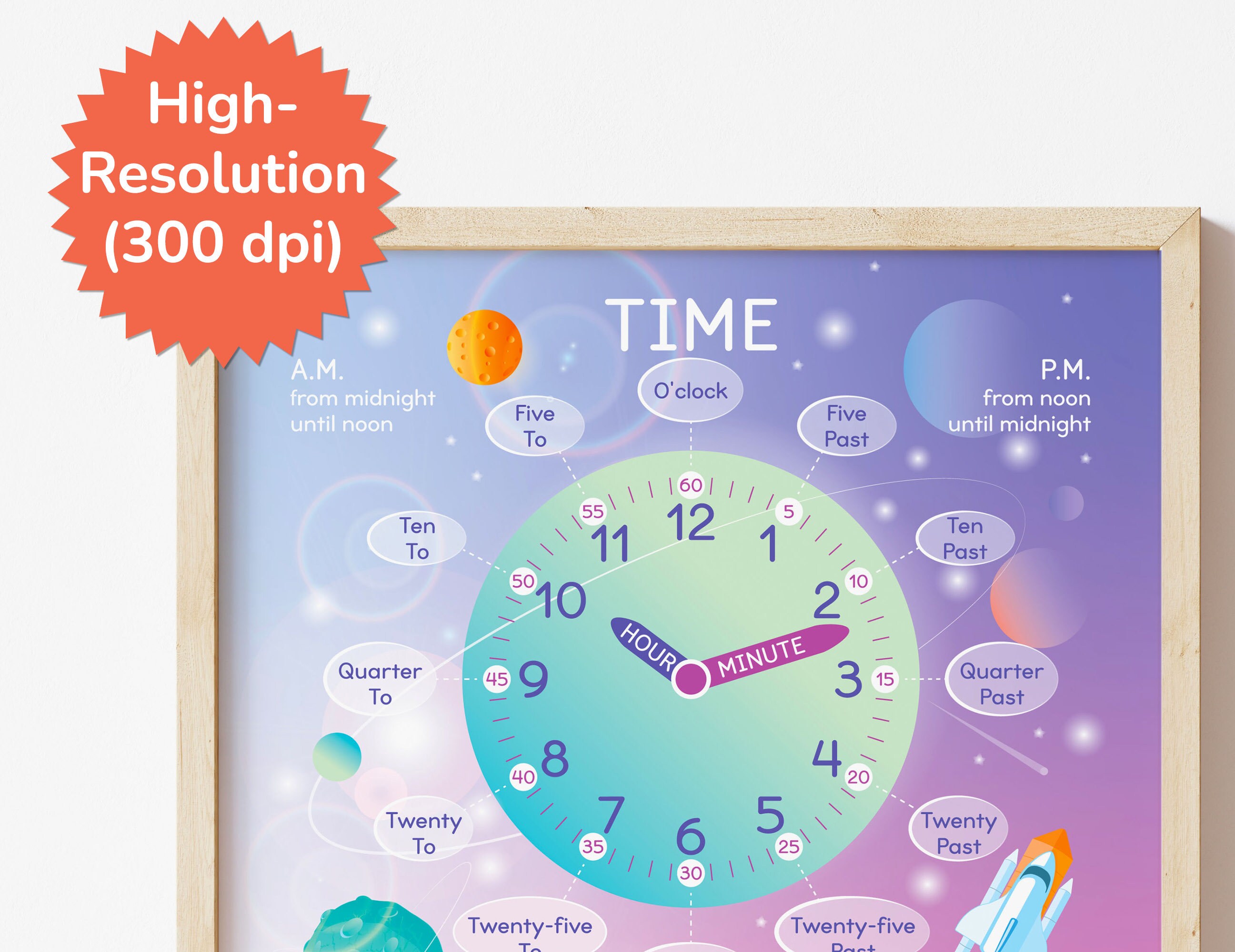 Telling Time Space Theme Educational Poster. Analog Clock - Etsy