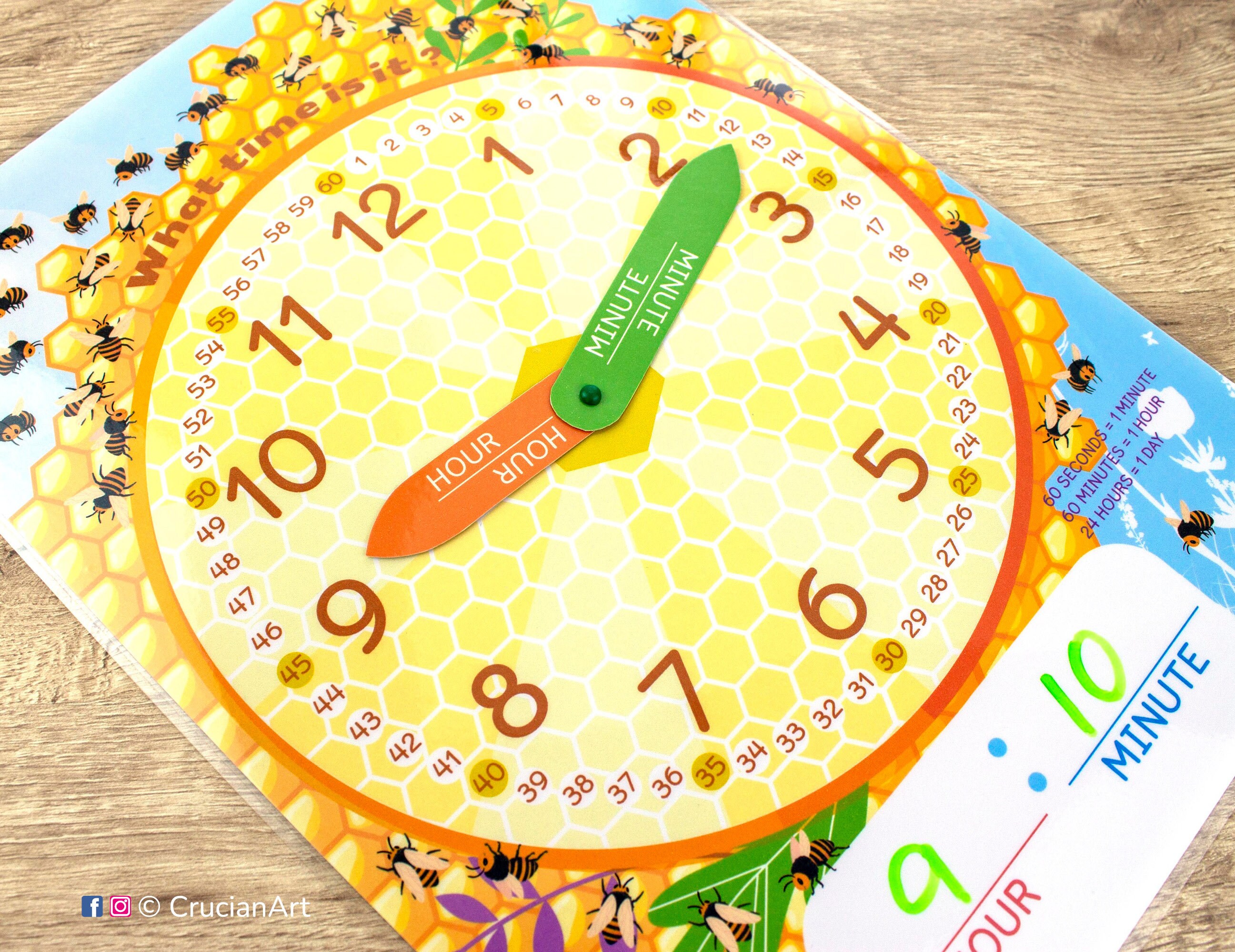 Honey Bee Printable Educational Clock. Learn to Tell Time - Etsy