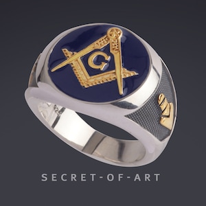 Masonic Ring Silver 925 With 18k-gold-plated Parts Freemason Blue Lodge ...