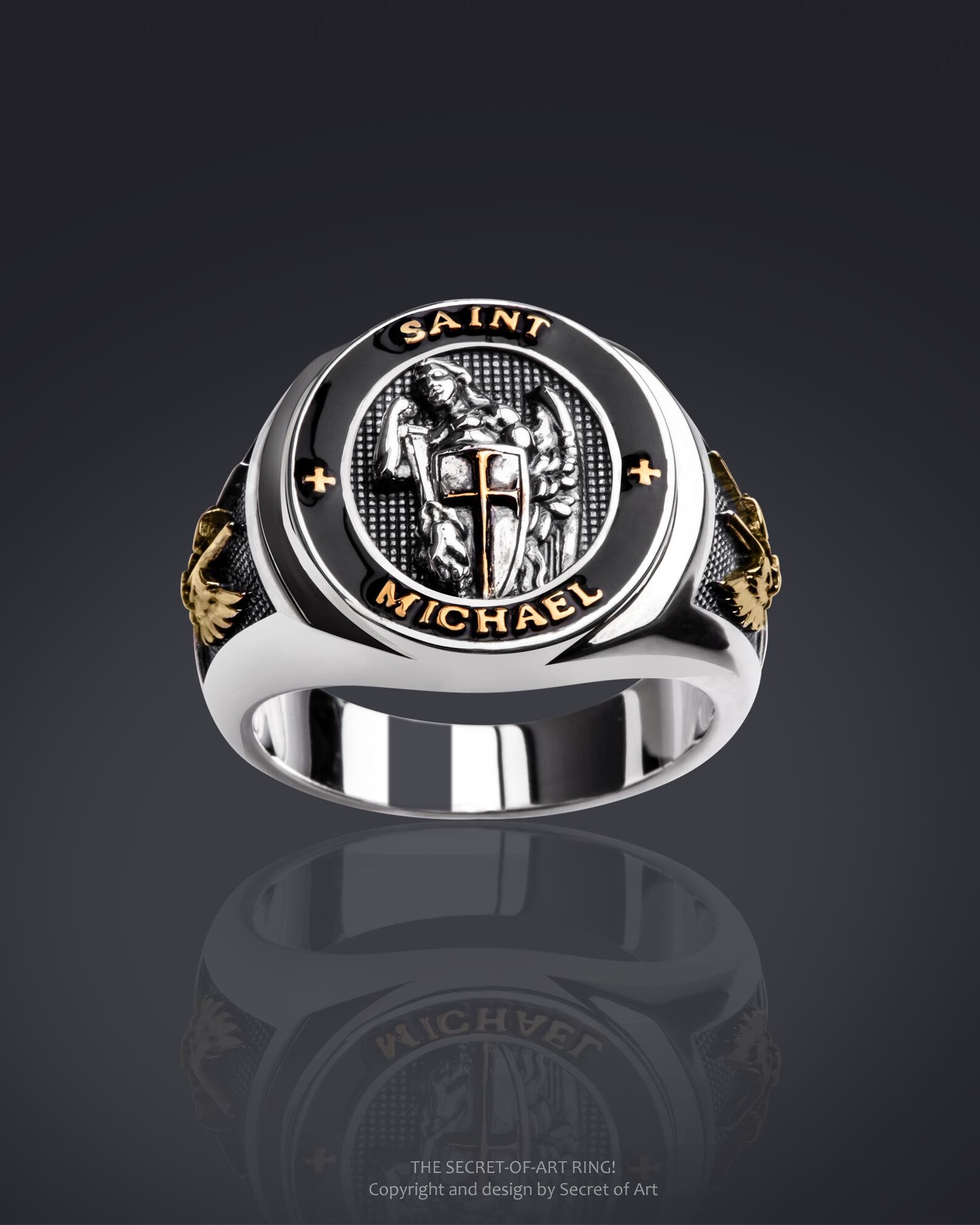 Saint St Michael Ring Archangel Catholic Silver 925 18K Yellow Gold ...
