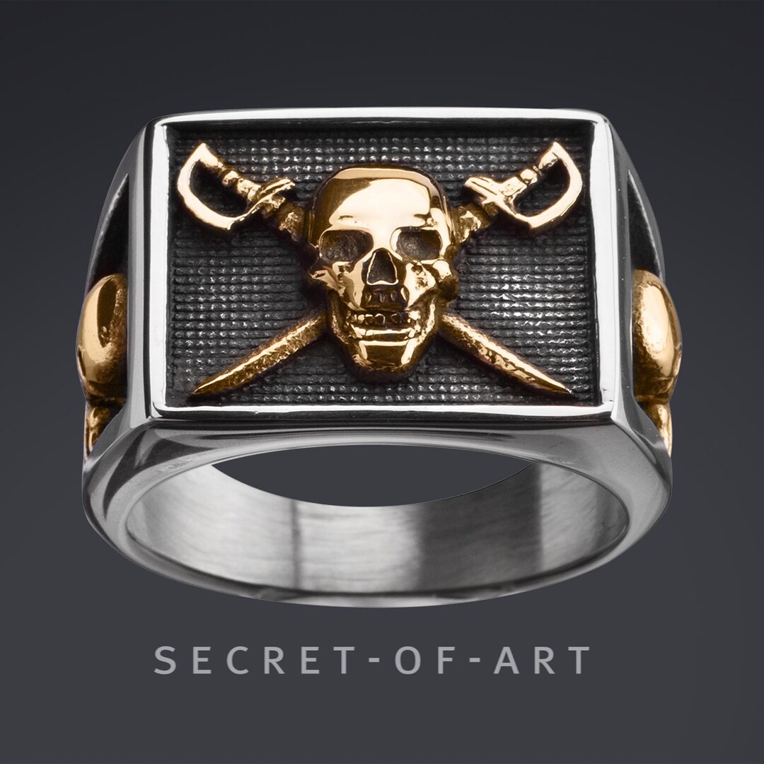 Pirates Ring Biker Stainless Steel Ring Skull Crossbones Jolly Roger ...