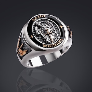 Saint St Michael Ring Archangel Catholic Silver 925 18K Yellow Gold ...