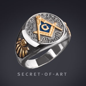 Masonic Ring Freemason Silver 925 With 18k-gold-plated Parts, Master ...