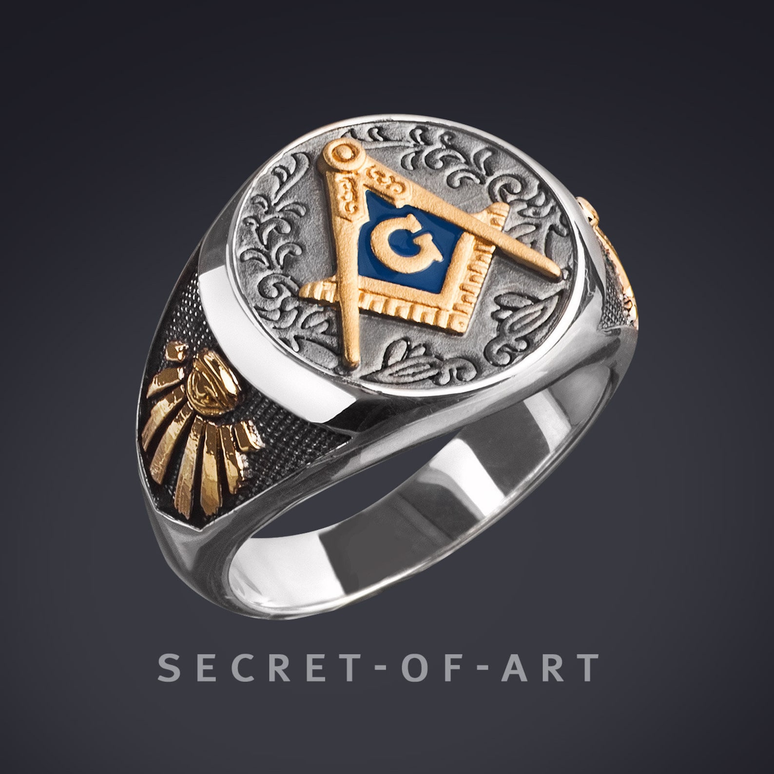 Masonic Ring Freemason Silver 925 With 18k-gold-plated Parts, Master ...