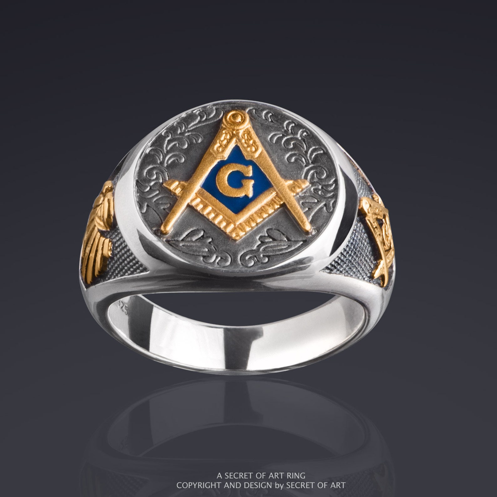 Masonic Ring Freemason Silver 925 With 18k-gold-plated Parts, Master ...