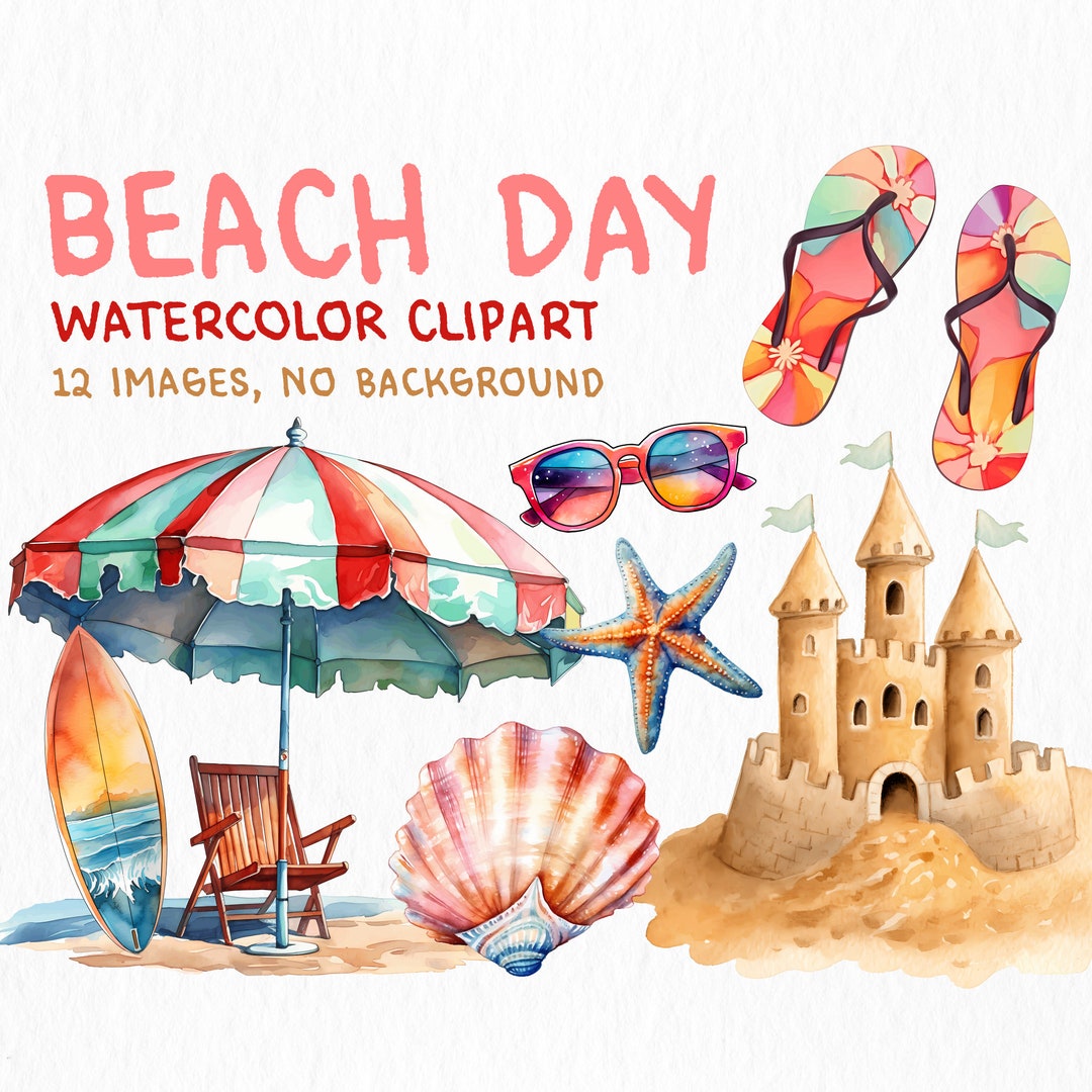 12 Beach Day Items Watercolor Clipart Collection,transparent Png ...