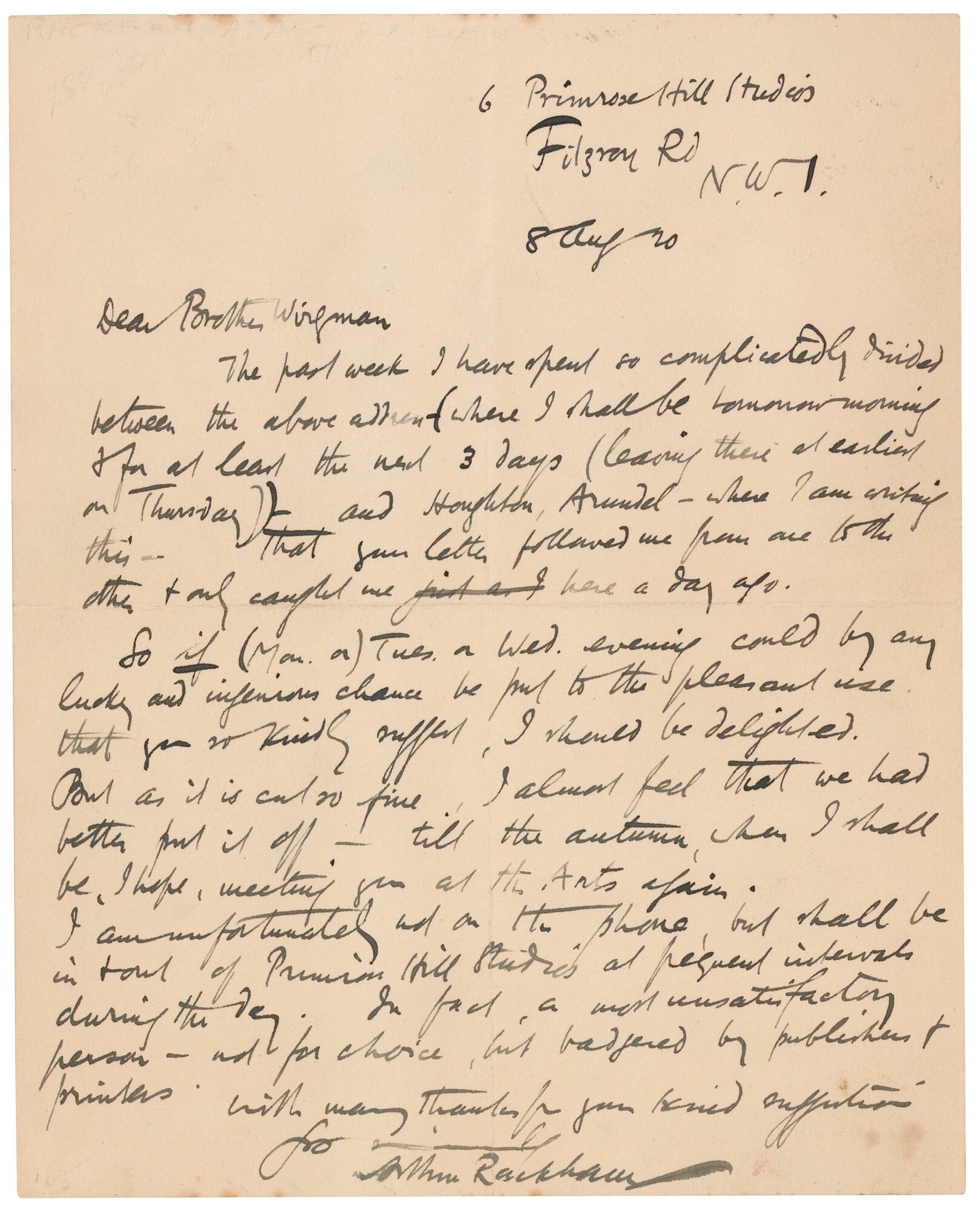 Famed British Illustrator ARTHUR RACKHAM, Autograph Letter Signed ...