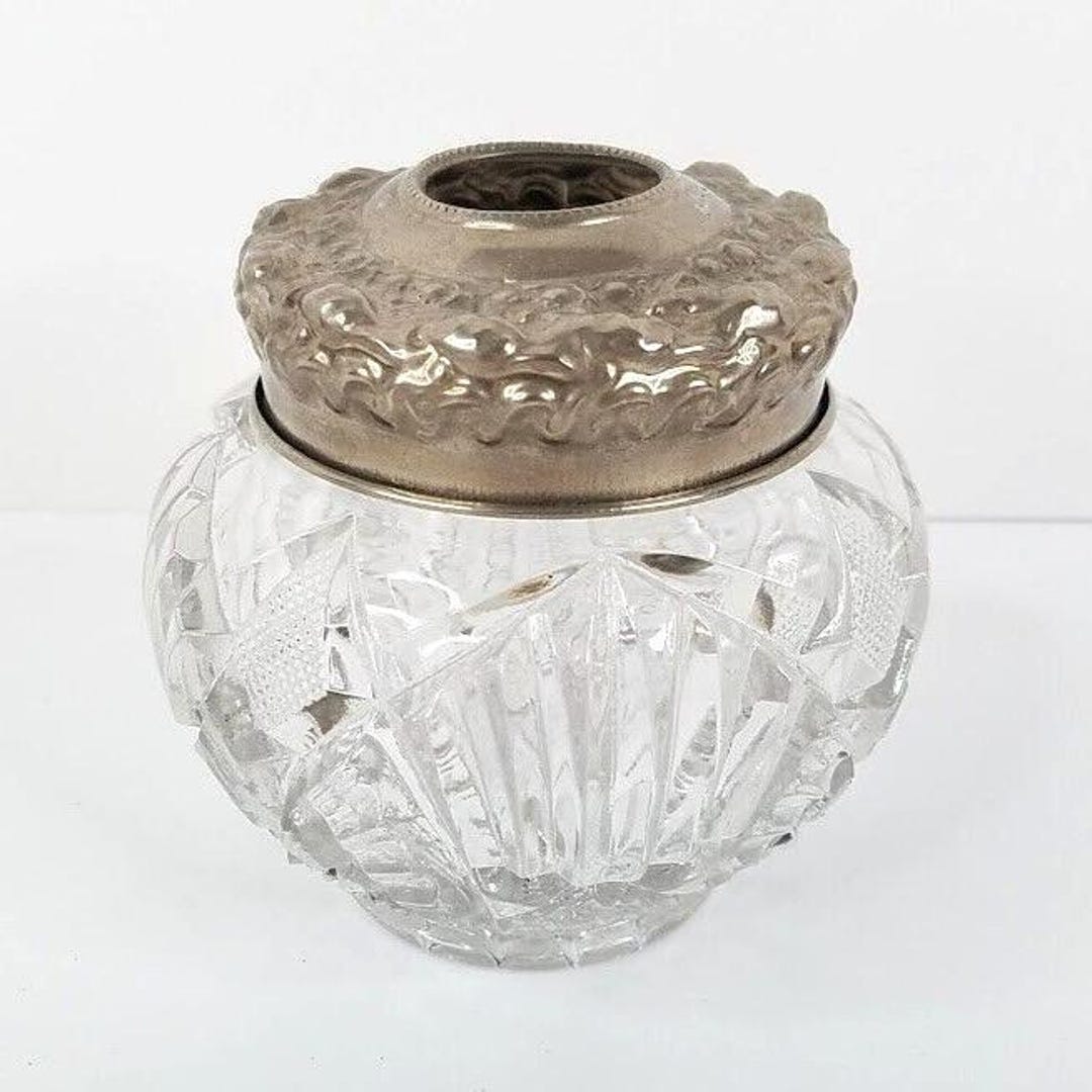 Hair Receiver Jar Pressed Cut Glass 3.5 Bowl Silver Tone Lid Embossed ...