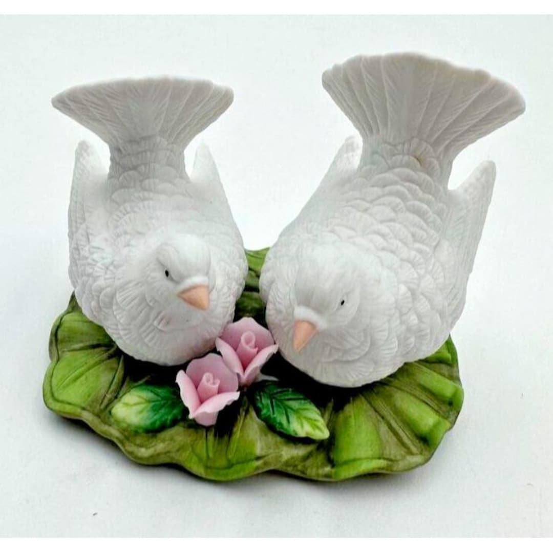 Vintage Lefton China White Doves Love Birds 3x2.5 Figurine Pink Roses ...