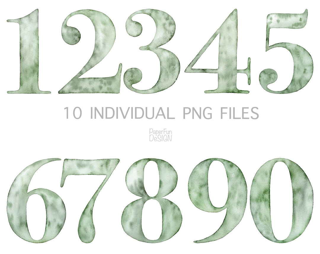 Watercolor Numbers Clipart, Hand Painted Number Clip Art. Green Mint ...