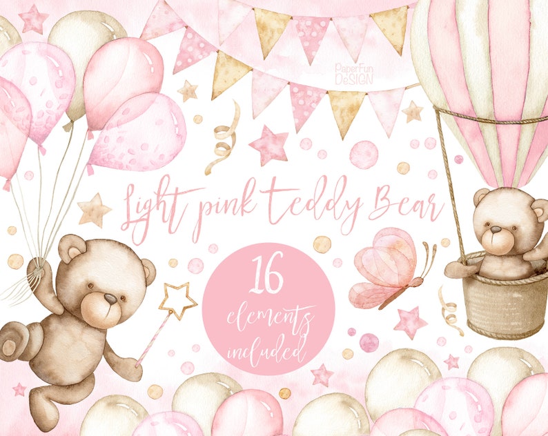 Watercolor Teddy Bear Clipart. Baby Girls Cute, Baby Shower, Light Pink ...