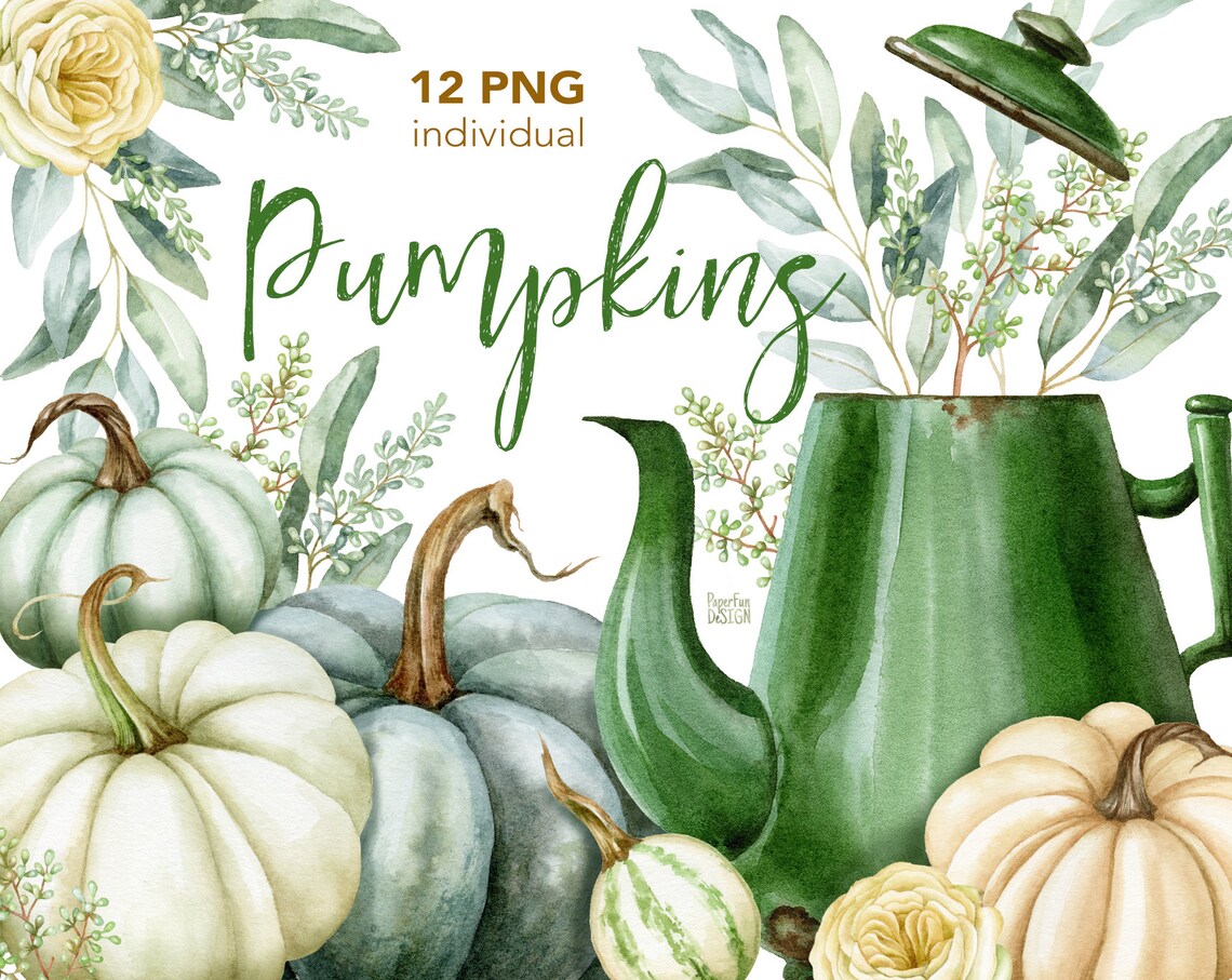 Thanksgiving Watercolor Clip Art. Autumn Pumpkins, Green and White ...