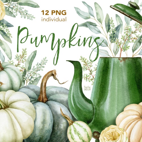 Thanksgiving Watercolor Clip Art. Autumn Pumpkins Green and - Etsy