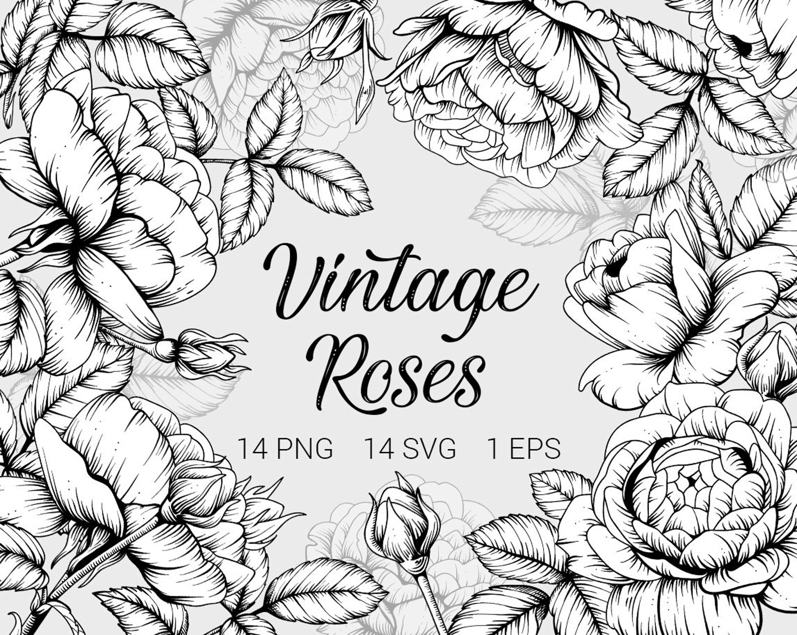 Hand Drawn Vintage Roses Clipart. SVG PNG EPS Formats. Black - Etsy