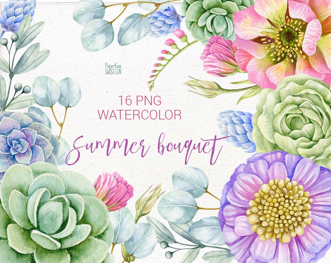 Watercolor Digital Floral Clipart. Pink, Purple Flowers, Succulents ...