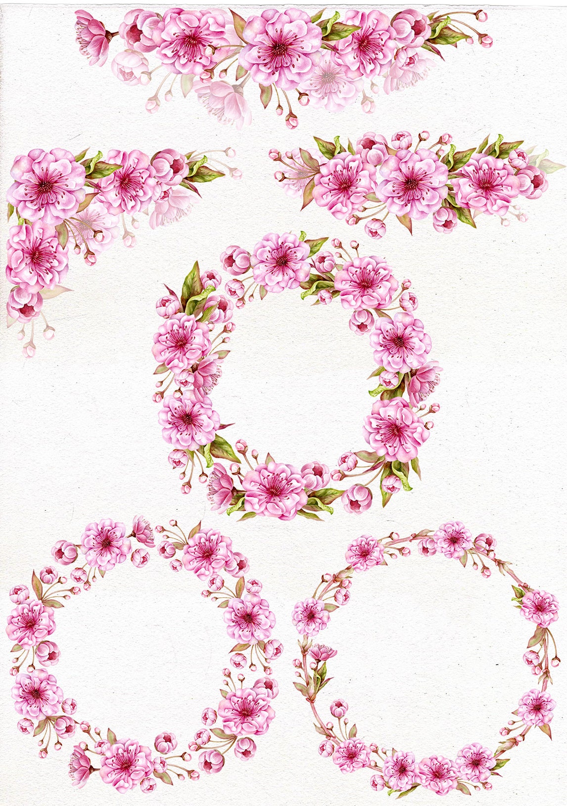 Cherry Blossom Watercolor Wreath and Bouquet Clip Art. Easter Flowers ...