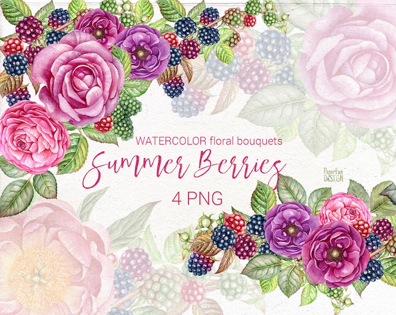Watercolor Summer Bouquets Clip Art. Pink Flowers and - Etsy
